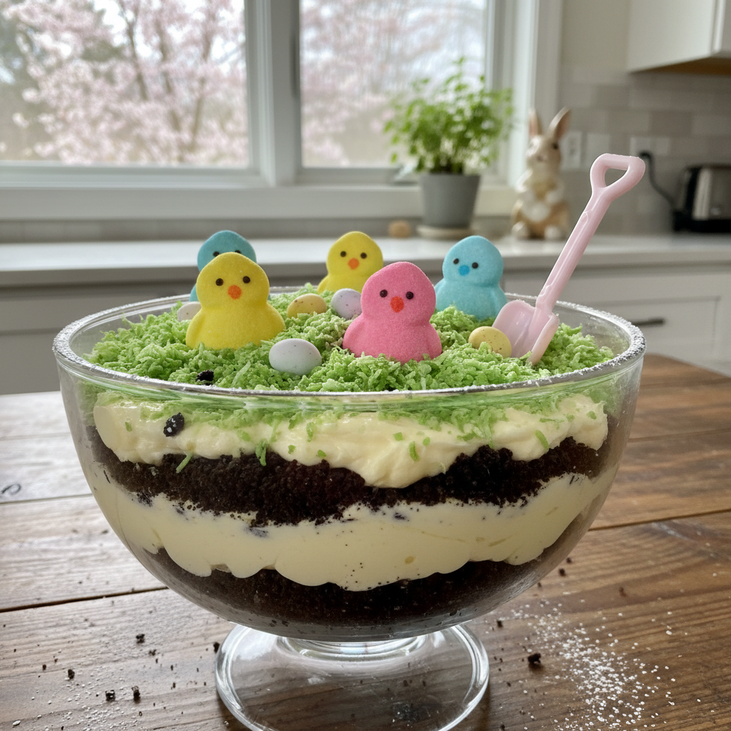 Easy Spring Dirt Cake Dessert with Peeps (No-Bake Recipe)
